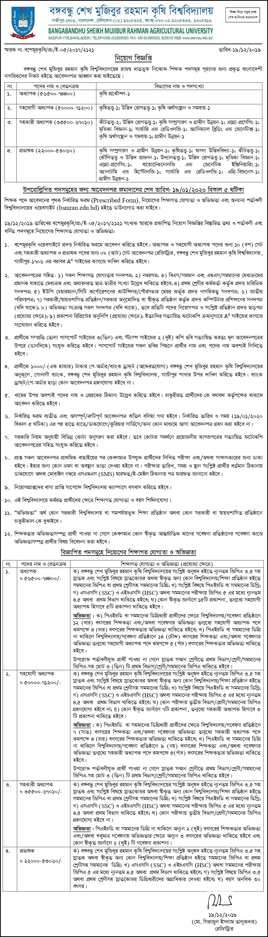BSMRAU Job Circular 2019 | Deadline: January 19, 2020 [BD Jobs]